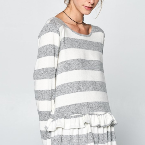 Tops | Gray Longsleeve Striped Ruffled Hem Top | Poshmark